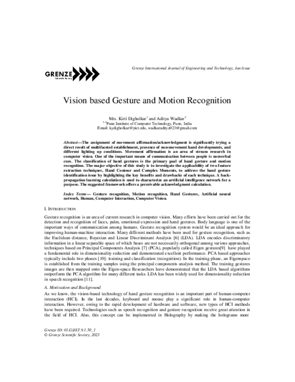 (PDF) Vision based Gesture and Motion Recognition