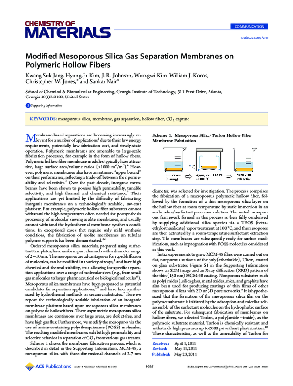 (PDF) Modified Mesoporous Silica Gas Separation Membranes on Polymeric Hollow Fibers | William ...