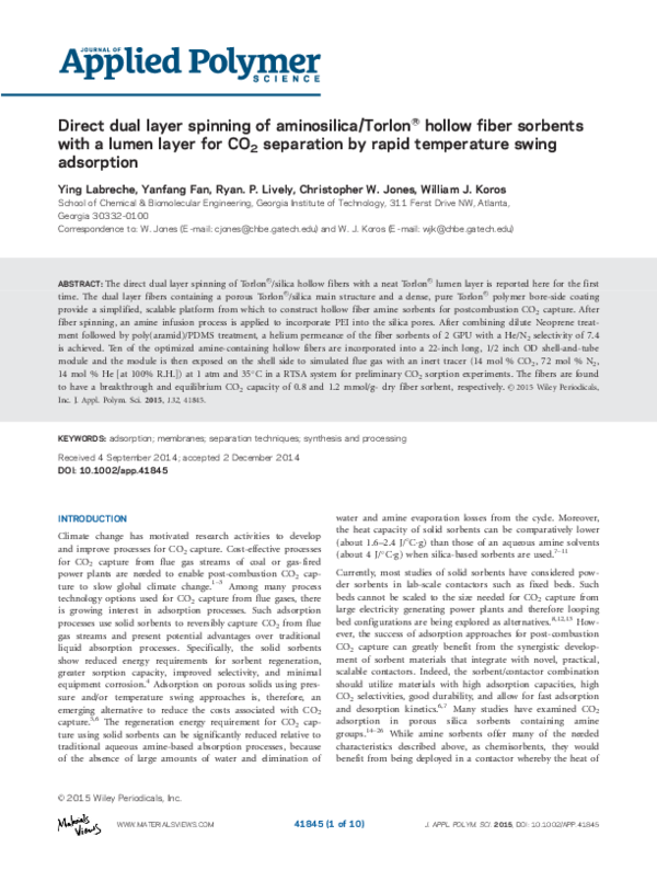(PDF) Direct dual layer spinning of aminosilica/ T orlon ® hollow fiber ...
