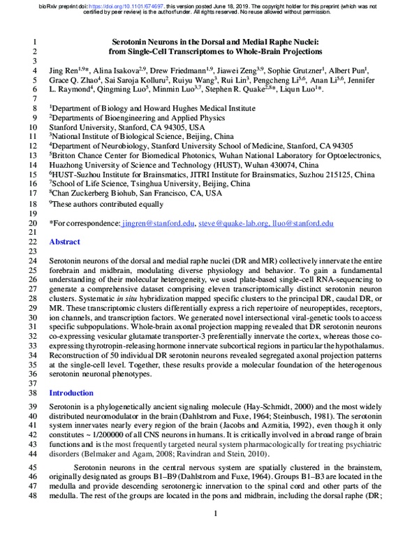 Pdf Serotonin Neurons In The Dorsal And Medial Raphe Nuclei From Single Cell Transcriptomes