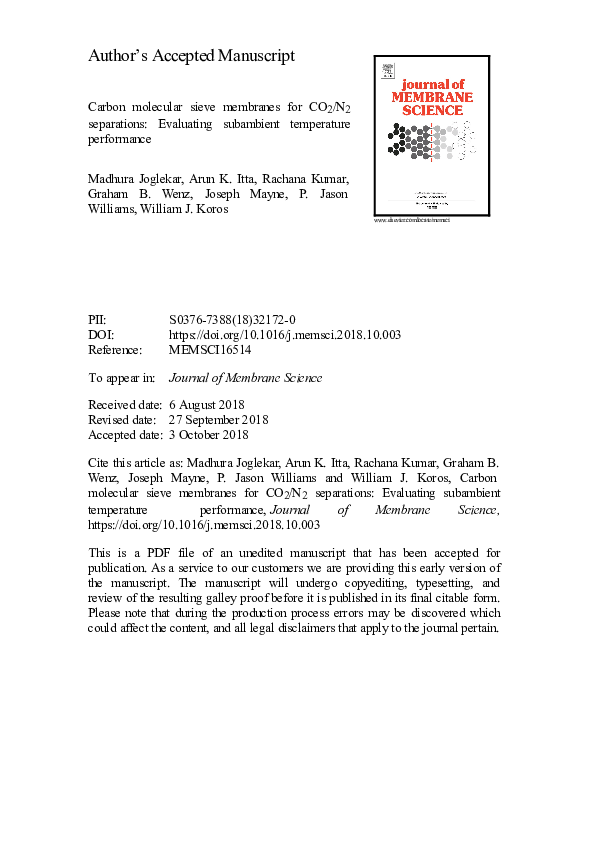 Pdf Carbon Molecular Sieve Membranes For Co2 N2 Separations