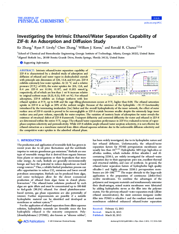 (PDF) Investigating the Intrinsic Ethanol/Water Separation Capability of ZIF-8: An Adsorption ...