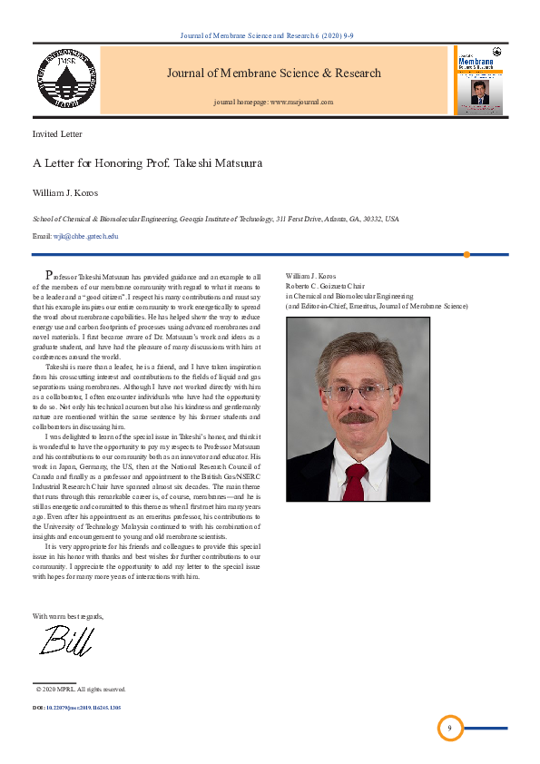 (PDF) A Letter for Honoring Prof. Takeshi Matsuura
