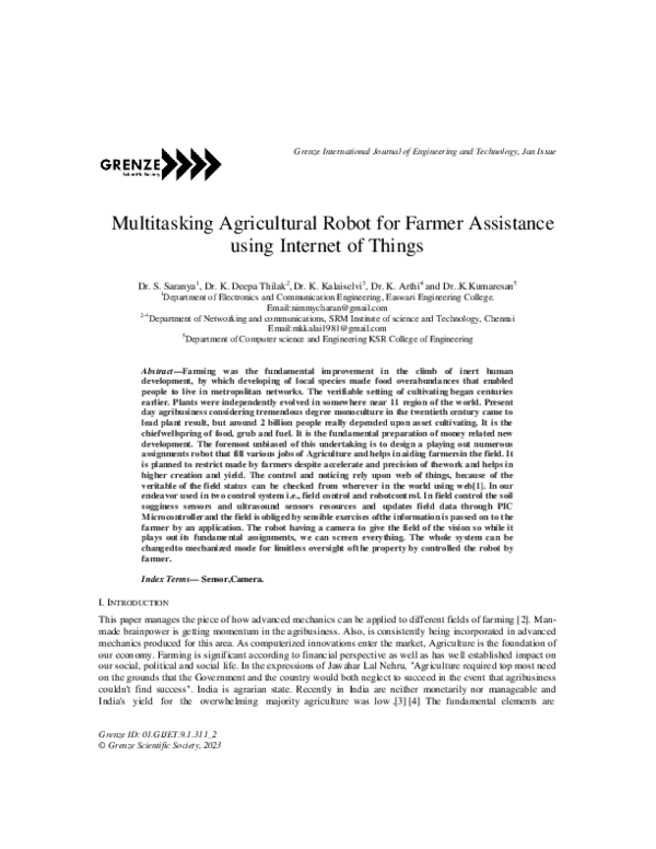 (PDF) Multitasking Agricultural Robot for Farmer Assistance using Internet of Things