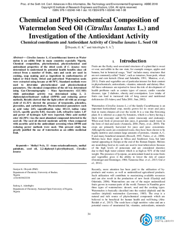 (PDF) Chemical and Physicochemical Composition of Watermelon Seed Oil Citrullus lanatus L and ...