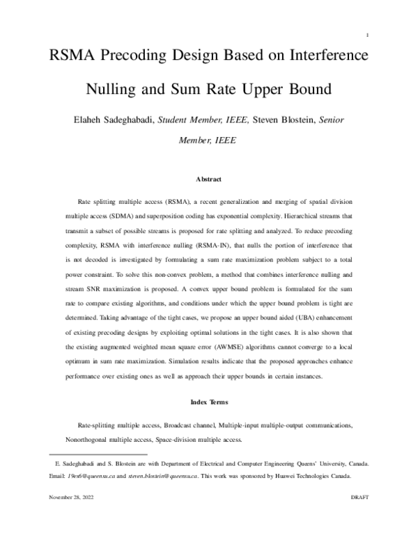 Pdf Rsma Precoding Design Based On Interference Nulling And Sum Rate Upper Bound
