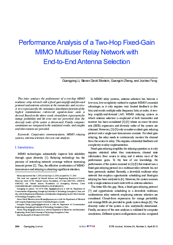 (PDF) Performance Analysis of a Two-Hop Fixed-Gain MIMO Multiuser Relay Network with End-to-End ...