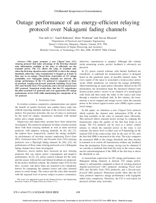 (PDF) Outage performance of an energy-efficient relaying protocol over ...