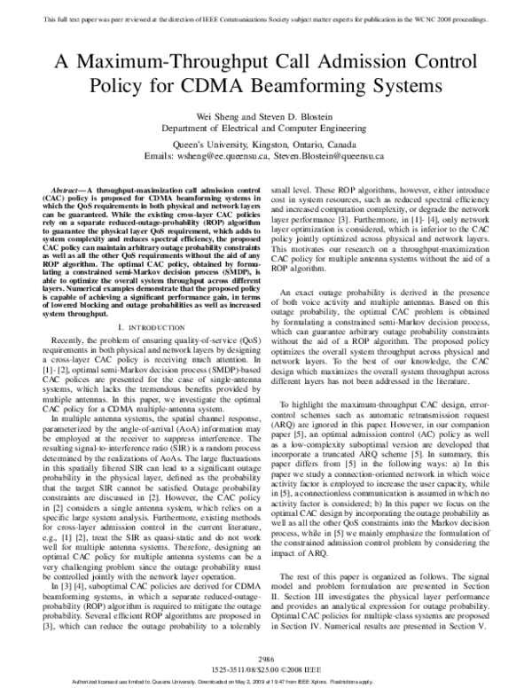 (PDF) A Maximum-Throughput Call Admission Control Policy for CDMA Beamforming Systems