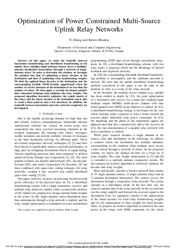 (PDF) Optimization of Power Constrained Multi-Source Uplink Relay Networks