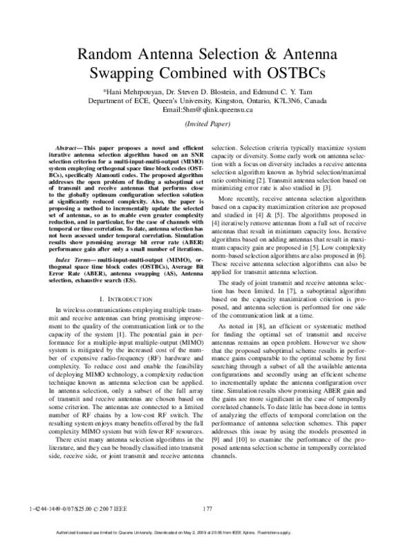 (PDF) Random Antenna Selection & Antenna Swapping Combined with OSTBCs