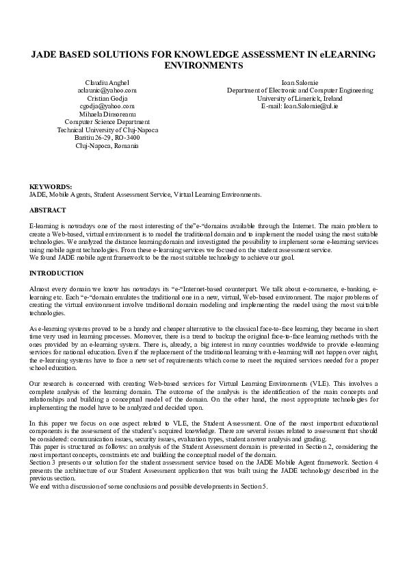 (PDF) JADE Based solutions for knowledge assessment in eLearning Environments