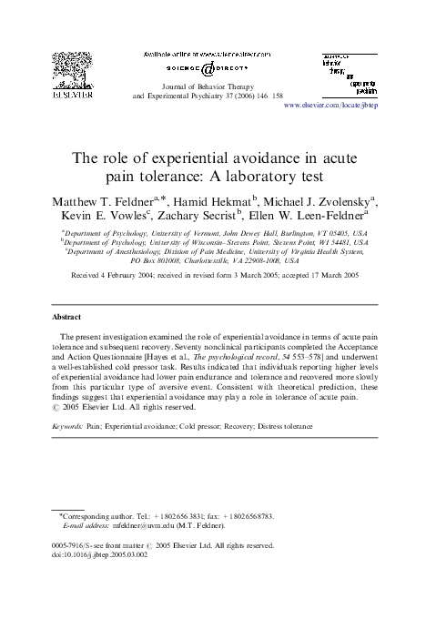 (PDF) The role of experiential avoidance in acute pain tolerance: A ...