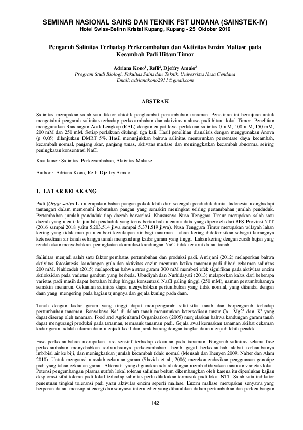 (PDF) Pengaruh Salinitas Terhadap Perkecambahan dan Aktivitas Enzim Maltase pada Kecambah Padi ...