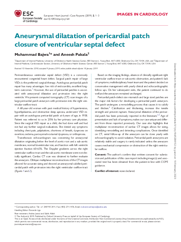 (PDF) Aneurysmal dilatation of pericardial patch closure of ventricular ...