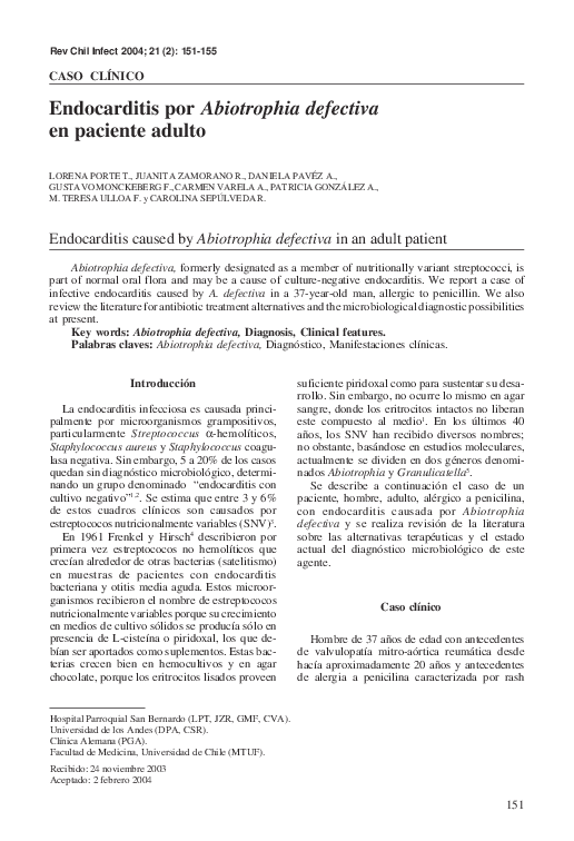 (PDF) Endocarditis por Abiotrophia defectiva en paciente adulto
