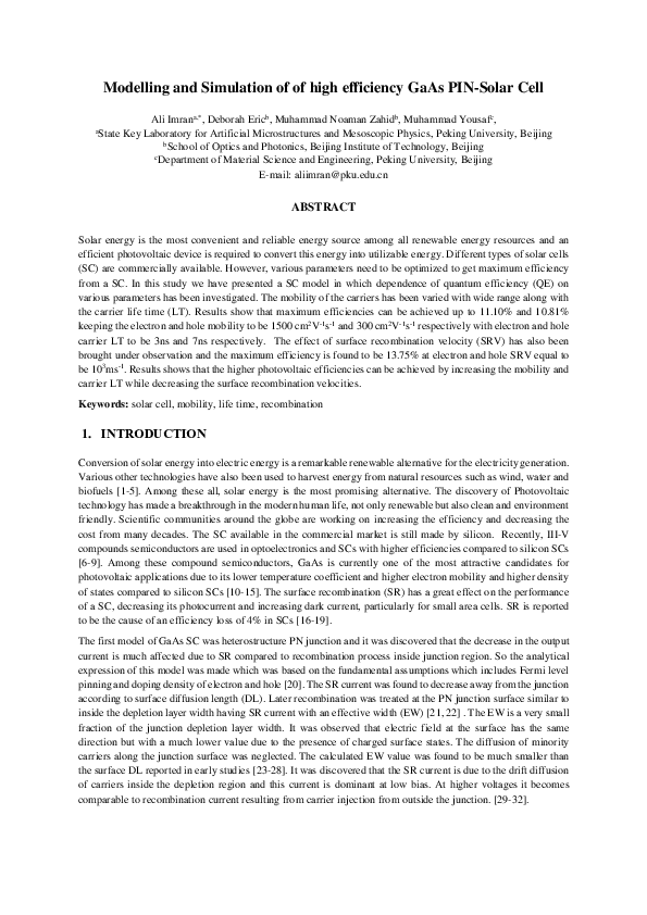 (PDF) Modelling and Simulation of of high efficiency GaAs PIN-Solar Cell