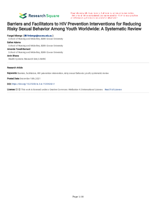 (PDF) Barriers and Facilitators to HIV Prevention Interventions for Reducing Risky Sexual ...