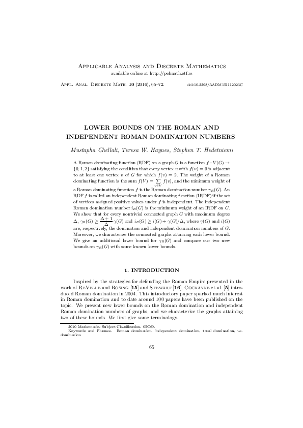 (PDF) Lower bounds on the Roman and independent Roman domination numbers | Mustapha Chellali ...