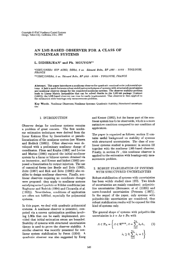 (PDF) An LMI-Based Observer for a Class of Nonlinear Systems