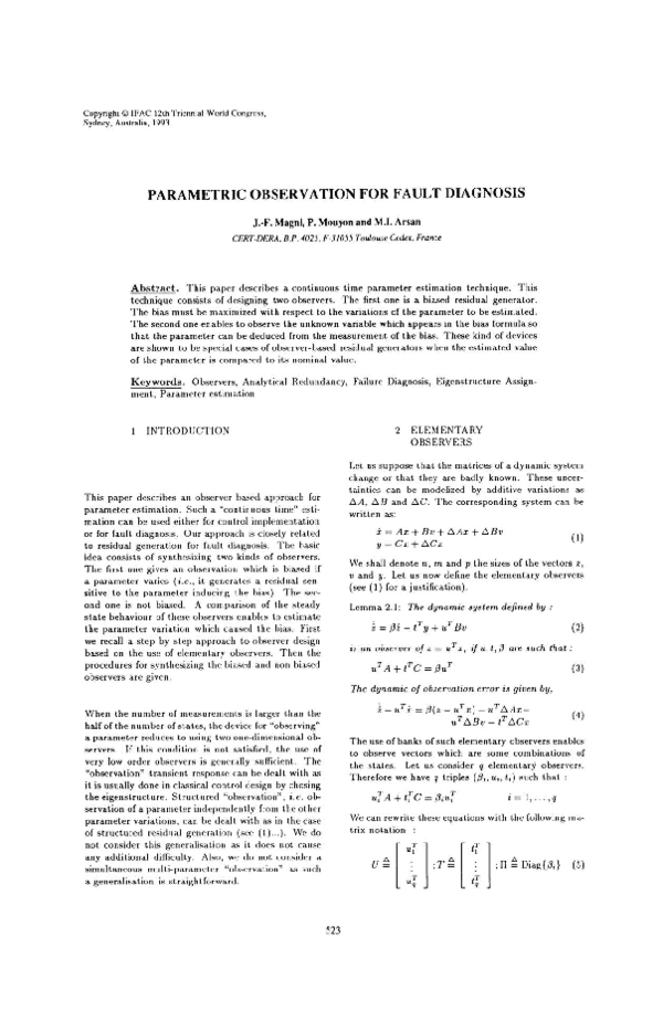 (PDF) Parametric Observation for Fault Diagnosis