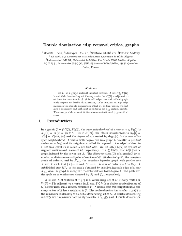 (PDF) Double domination edge removal critical graphs