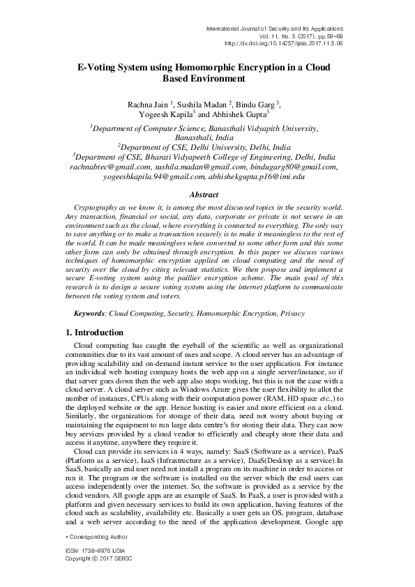 (PDF) Secure Cloud-based E-Voting with Homomorphic Encryption