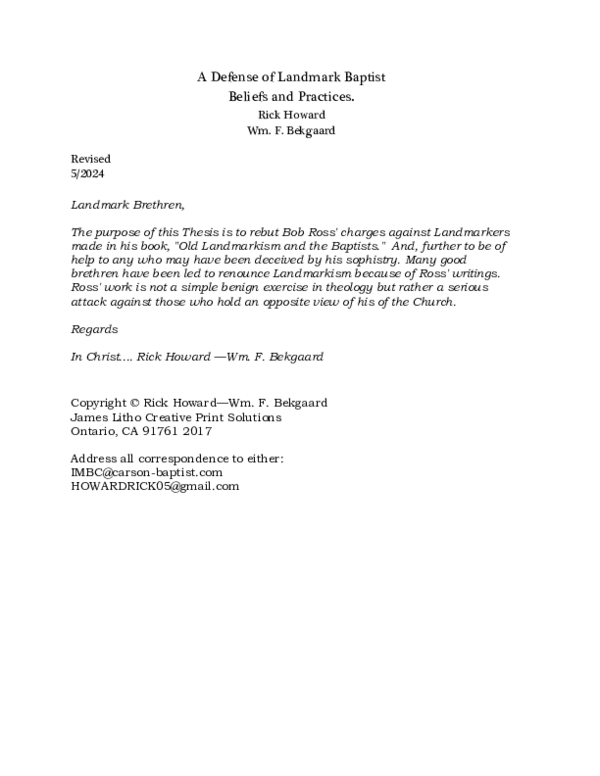 (PDF) A Defense of Landmark Baptist Beliefs and Practices