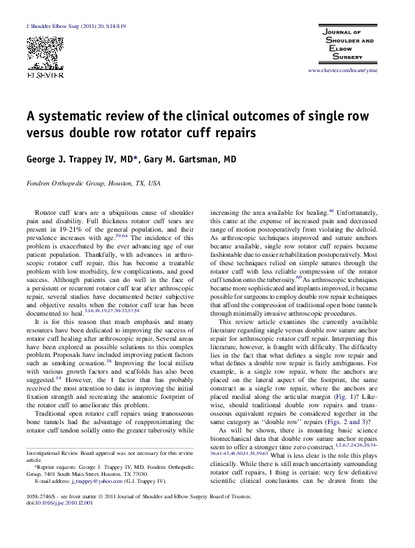 Pdf A Systematic Review Of The Clinical Outcomes Of Single Row Versus Double Row Rotator Cuff
