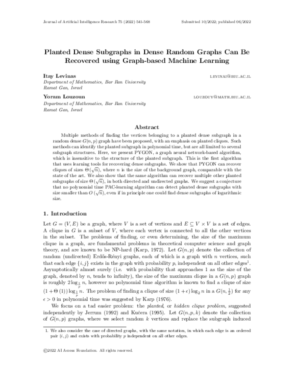 Pdf Planted Dense Subgraphs In Dense Random Graphs Can Be Recovered Using Graph Based Machine
