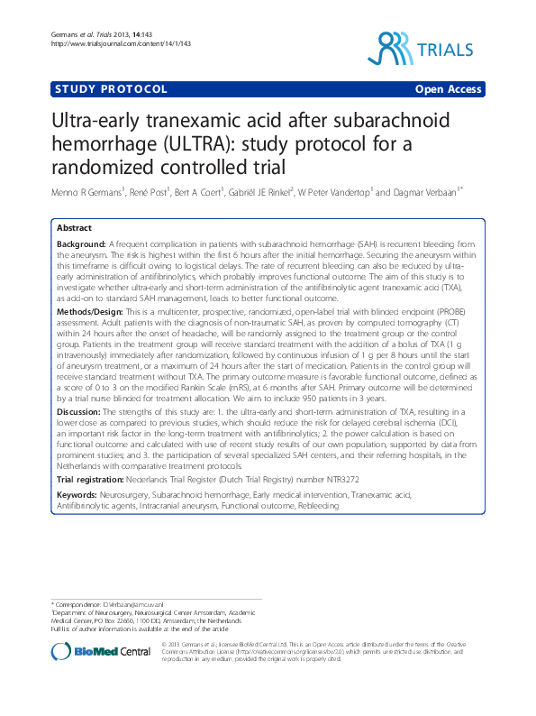 (PDF) Ultra-early tranexamic acid after subarachnoid hemorrhage (ULTRA ...