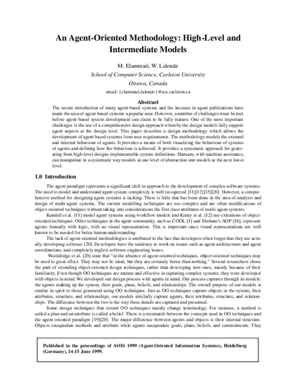 (PDF) An agent-oriented methodology: High-level and intermediate models