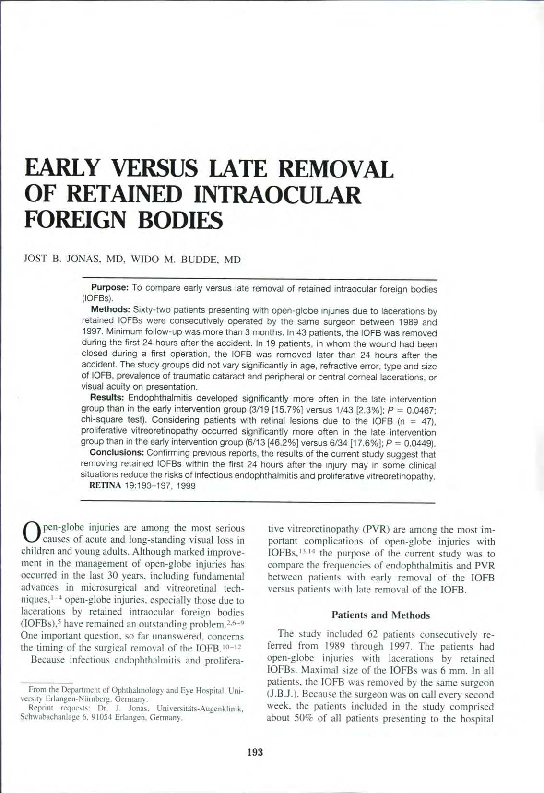 (PDF) Early Versus Late Removal of Retained Intraocular Foreign Bodies