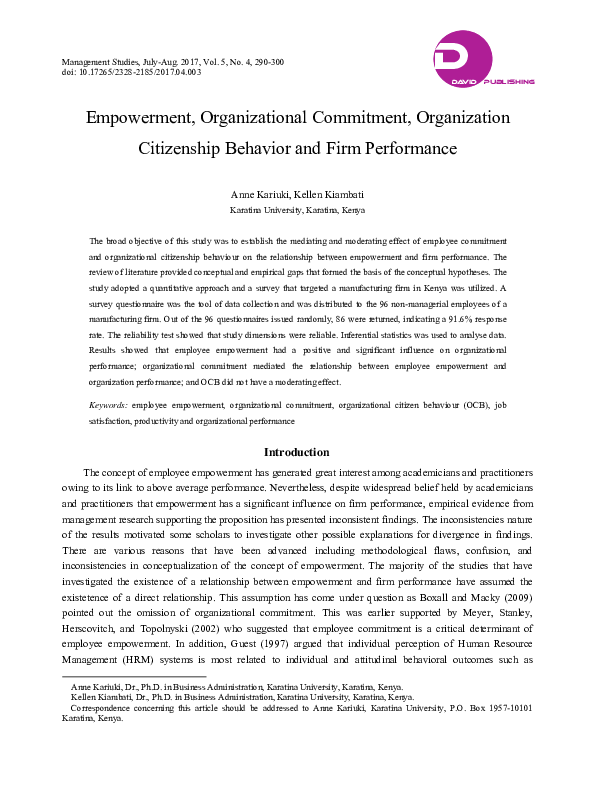 (PDF) Empowerment, Organizational Commitment, Organization Citizenship ...