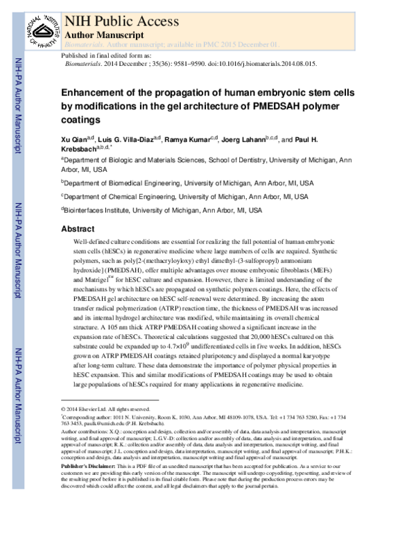 (PDF) Enhancement of the propagation of human embryonic stem cells by ...