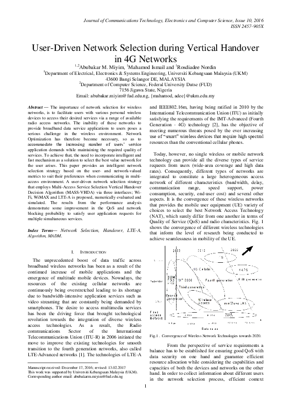 Pdf User Driven Network Selection During Vertical Handover In 4g Networks