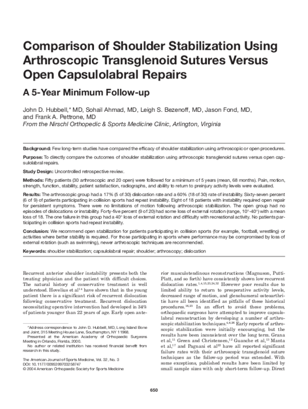 (PDF) Comparison of Shoulder Stabilization Using Arthroscopic ...