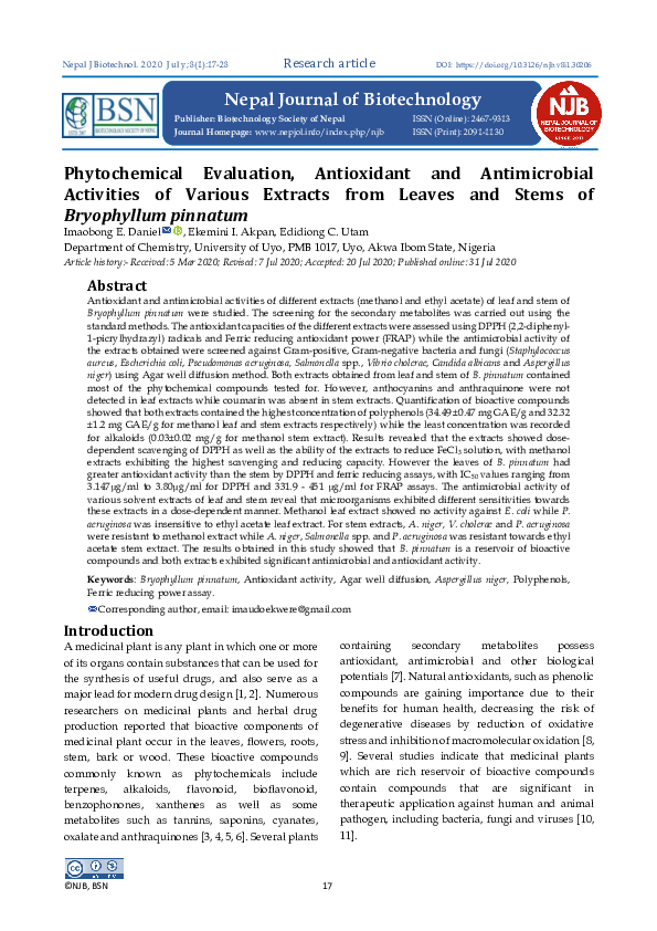 (PDF) Phytochemical Evaluation, Antioxidant and Antimicrobial Activities of Various Extracts ...