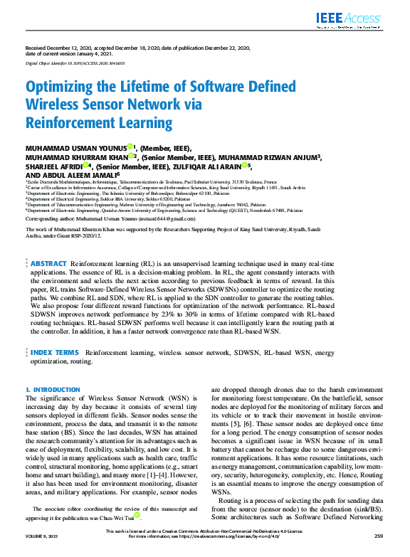 Pdf Optimizing The Lifetime Of Software Defined Wireless Sensor Network Via Reinforcement Learning