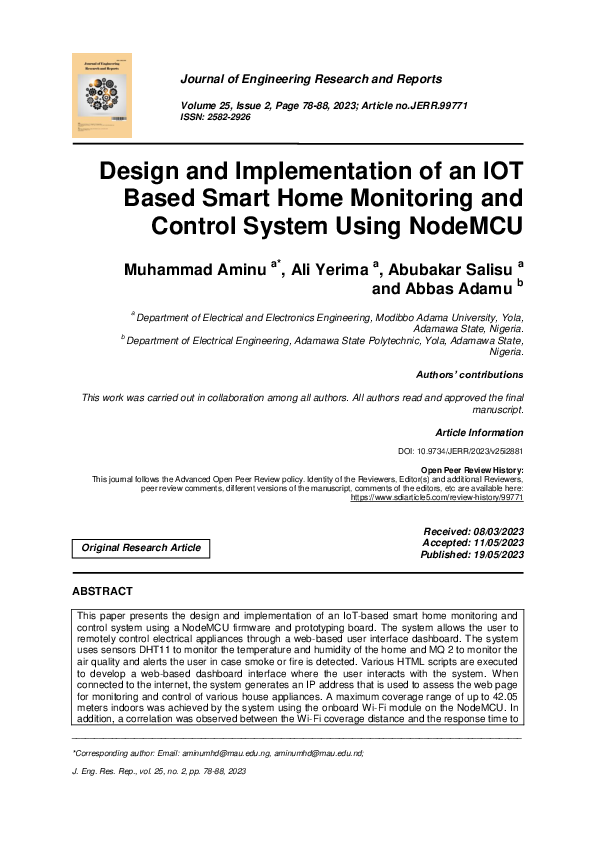 Pdf Design And Implementation Of An Iot Based Smart Home Monitoring