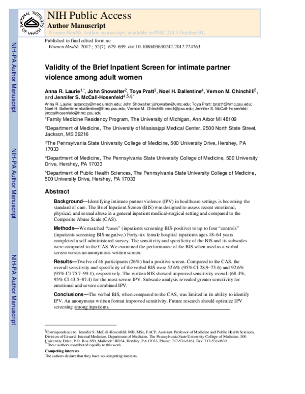 (PDF) Validity of the Brief Inpatient Screen for Intimate Partner ...