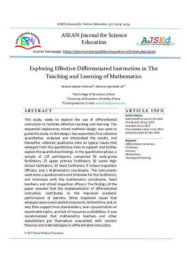 (PDF) Exploring Effective Differentiated Instruction in The Teaching and Learning of Mathematics