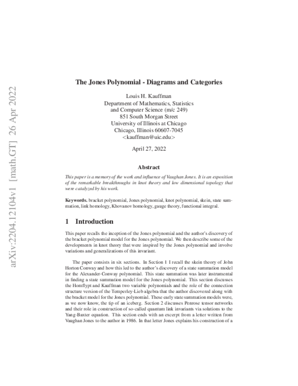 (PDF) The Jones Polynomial -- Diagrams and Categories
