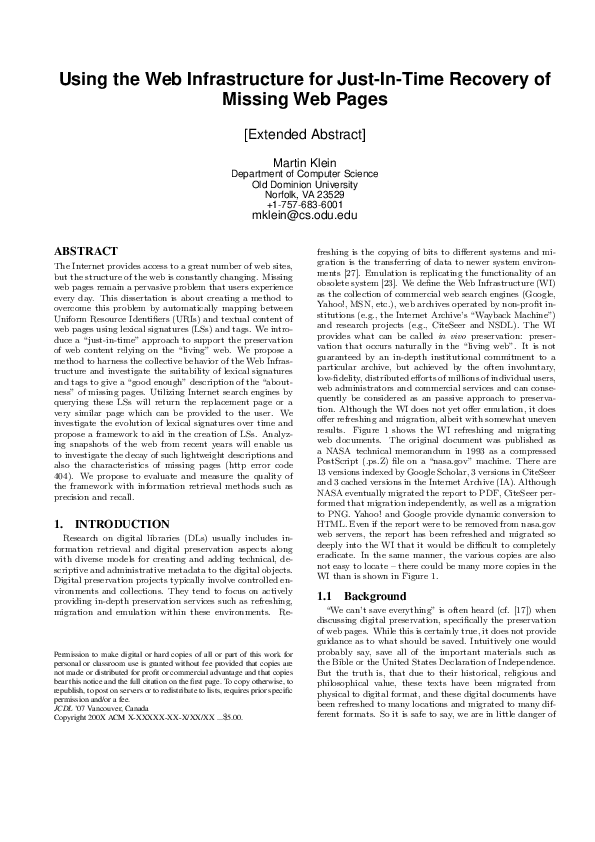 (PDF) Using the Web Infrastructure for Just-In-Time Recovery of Missing ...