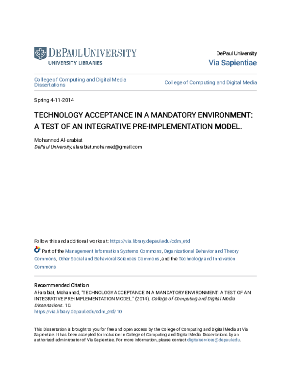(PDF) Technology Acceptance in a Mandatory Environment: A Test of an ...
