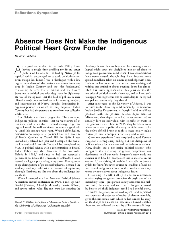 Pdf Absence Does Not Make The Indigenous Political Heart Grow Fonder David Wilkins