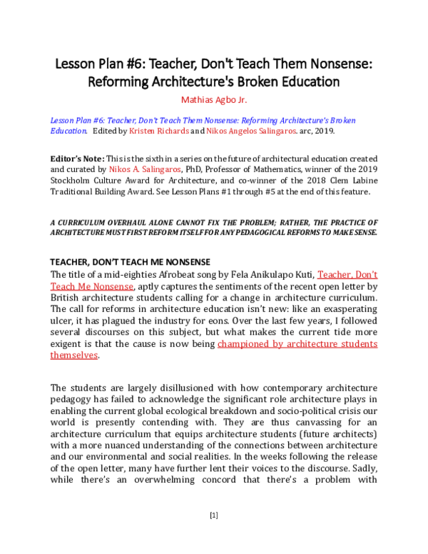 (PDF) Lesson Plan #6: Teacher, Don't Teach Them Nonsense: Reforming ...