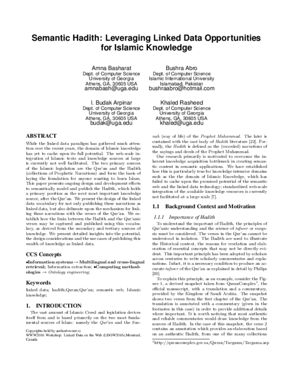 (PDF) Semantic Hadith: Leveraging Linked Data Opportunities for Islamic Knowledge