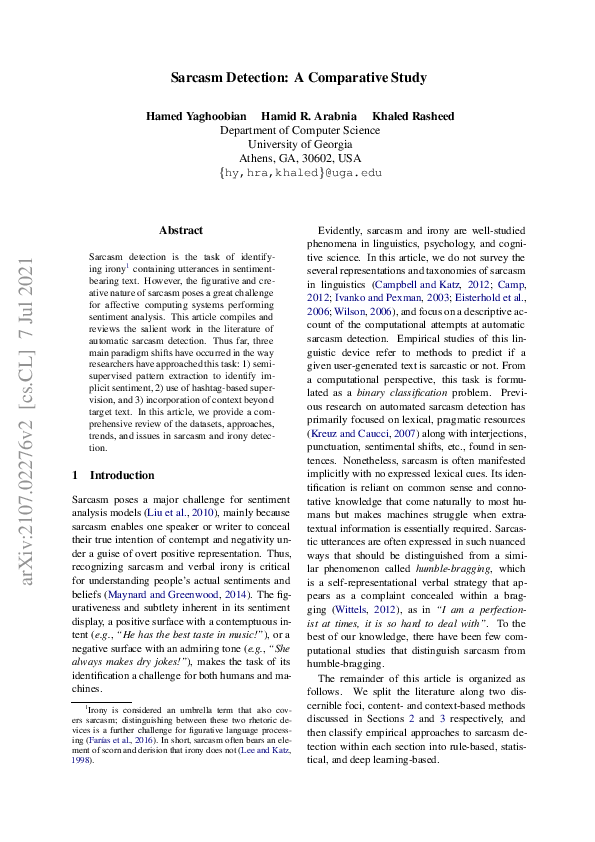 Pdf Sarcasm Detection A Comparative Study
