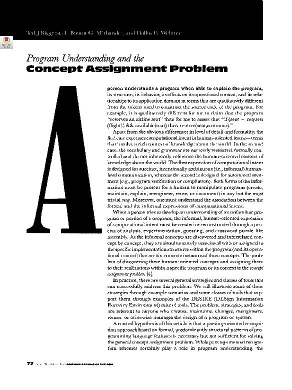 Pdf Program Understanding And The Concept Assignment Problem 3057